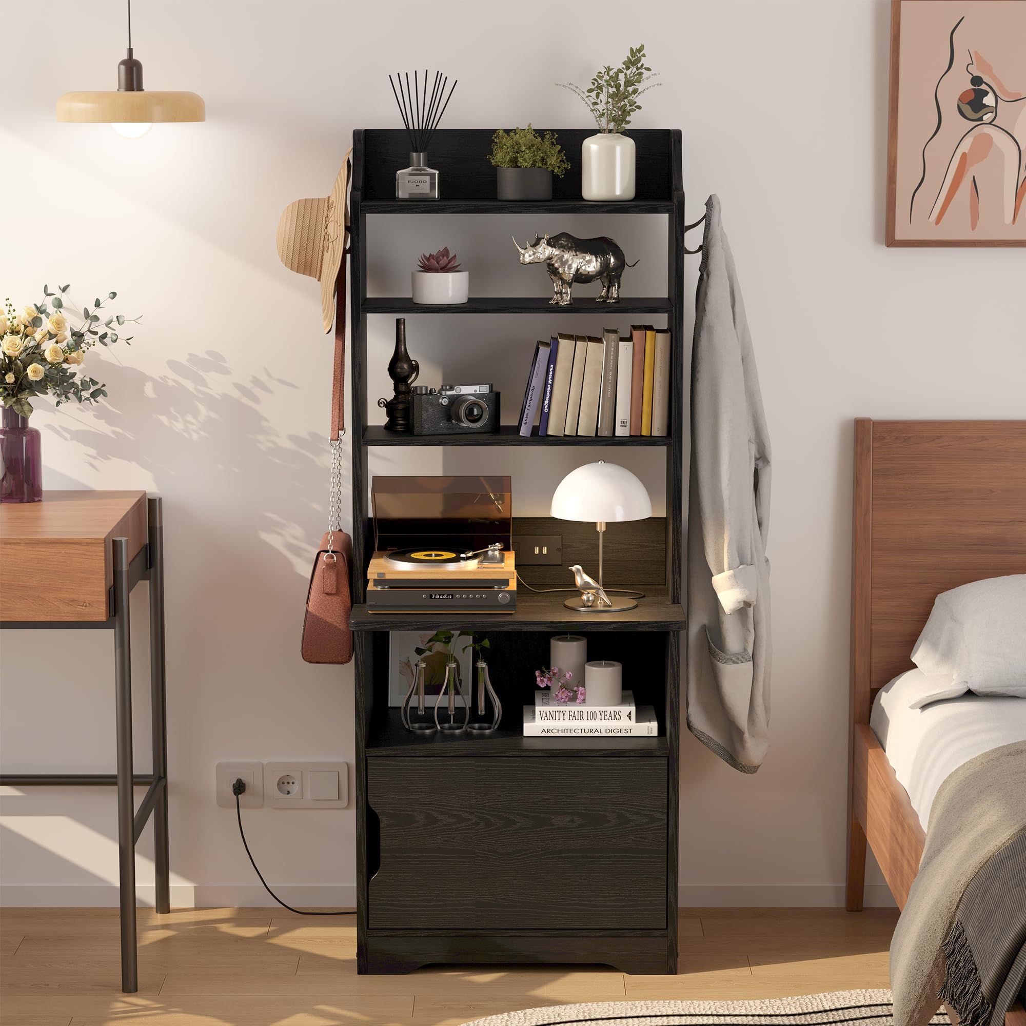 LIKIMIO Nightstand, 55" Tall End Side Table with Charging Station and Storage Cabinet, Small Bookshelf, for Living Room Office Bedroom, Vintage Black
