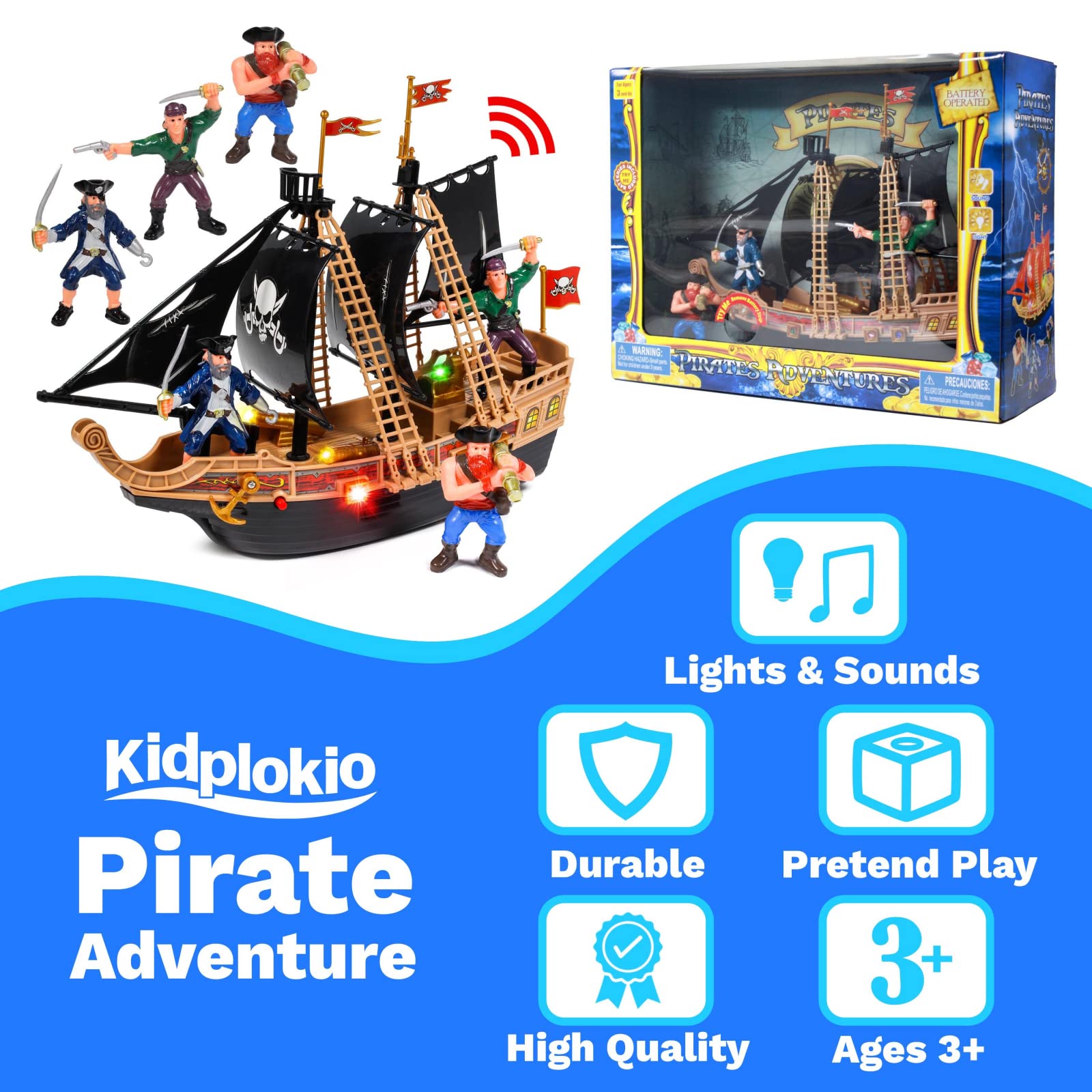 Kidplokio Toy Pirate Ship Boat Adventure Playset with Lights Sounds Action Figures, Black, Boys, Ages 3+