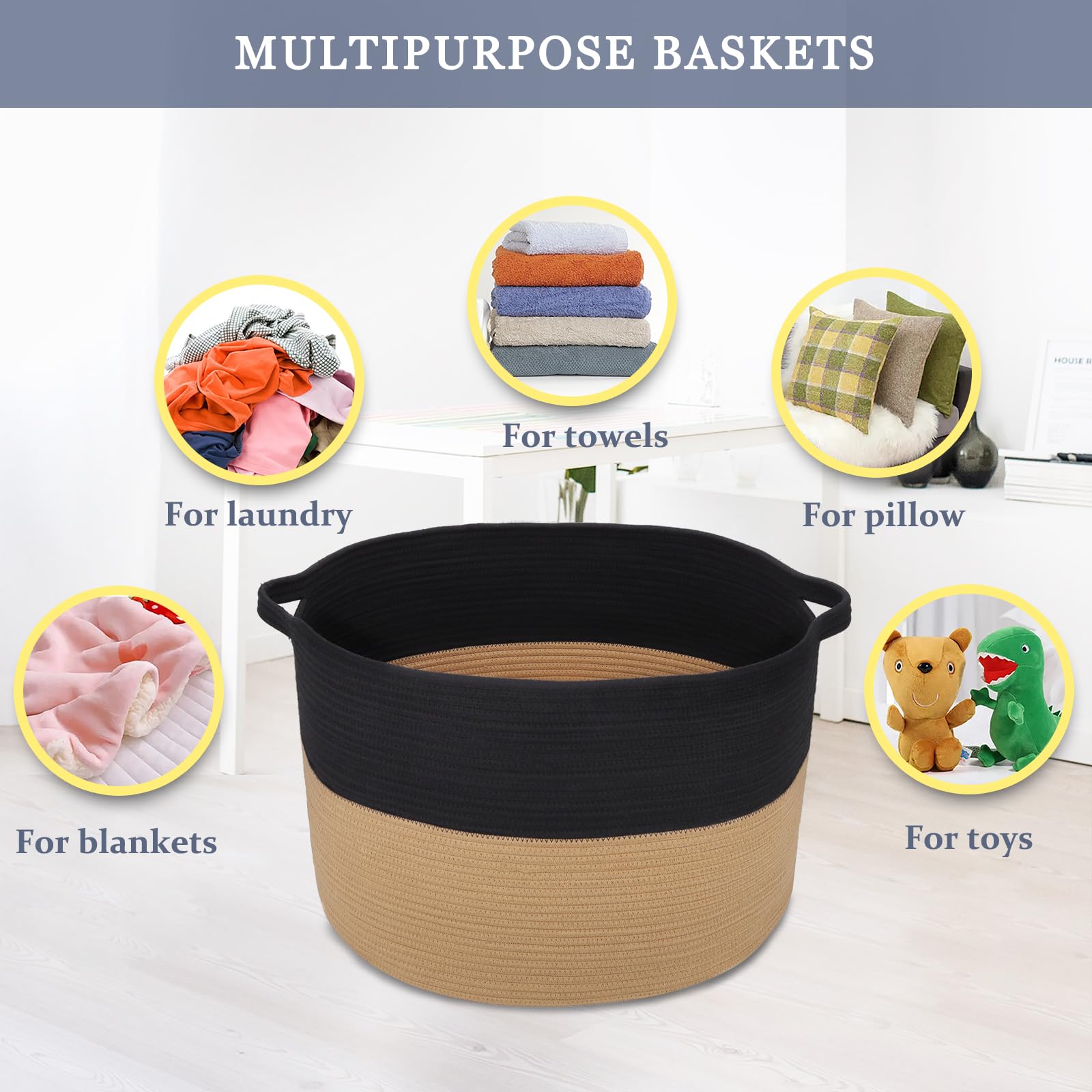 BOSROTY Extra Large Cotton Rope Basket For Girls Kids 87L, Nursery Hamper, Large Laundry Basket , Nursery Bin, Woven Basket Organizer For Storage Toys Blankets Clothes, 22βx 14β, Blend White & Pink