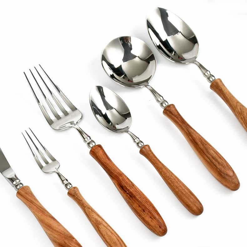 Soup Spoons, 4 pieces 18/8 Stainless Steel Round Spoons Dinner Spoons with Wood Handle, Flatware Silverware Eating Utensils Table Spoons for Home Kitchen, Mirror Polish, 7.28-Inch