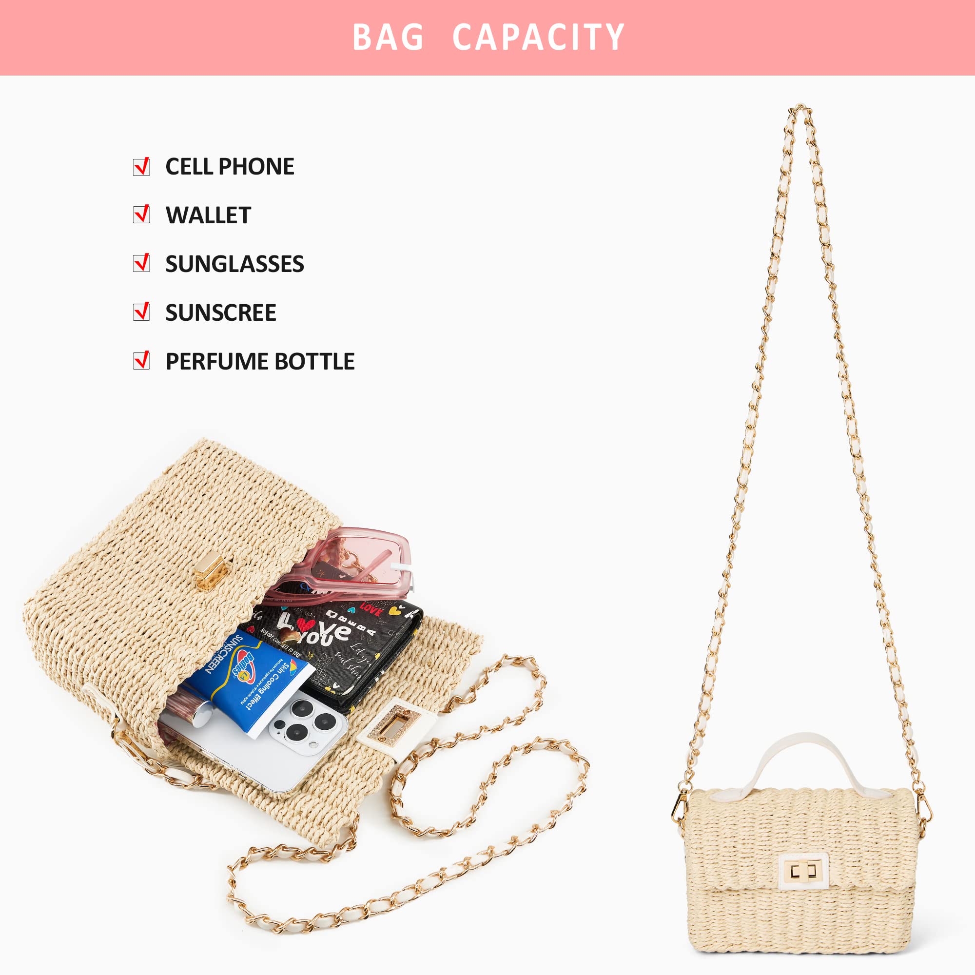 Like Dreams Women Hand-woven Fashion Straw Crossbody Bag Inner Floral Summer Long Strap Shoulder Purse (Natural Ivory)