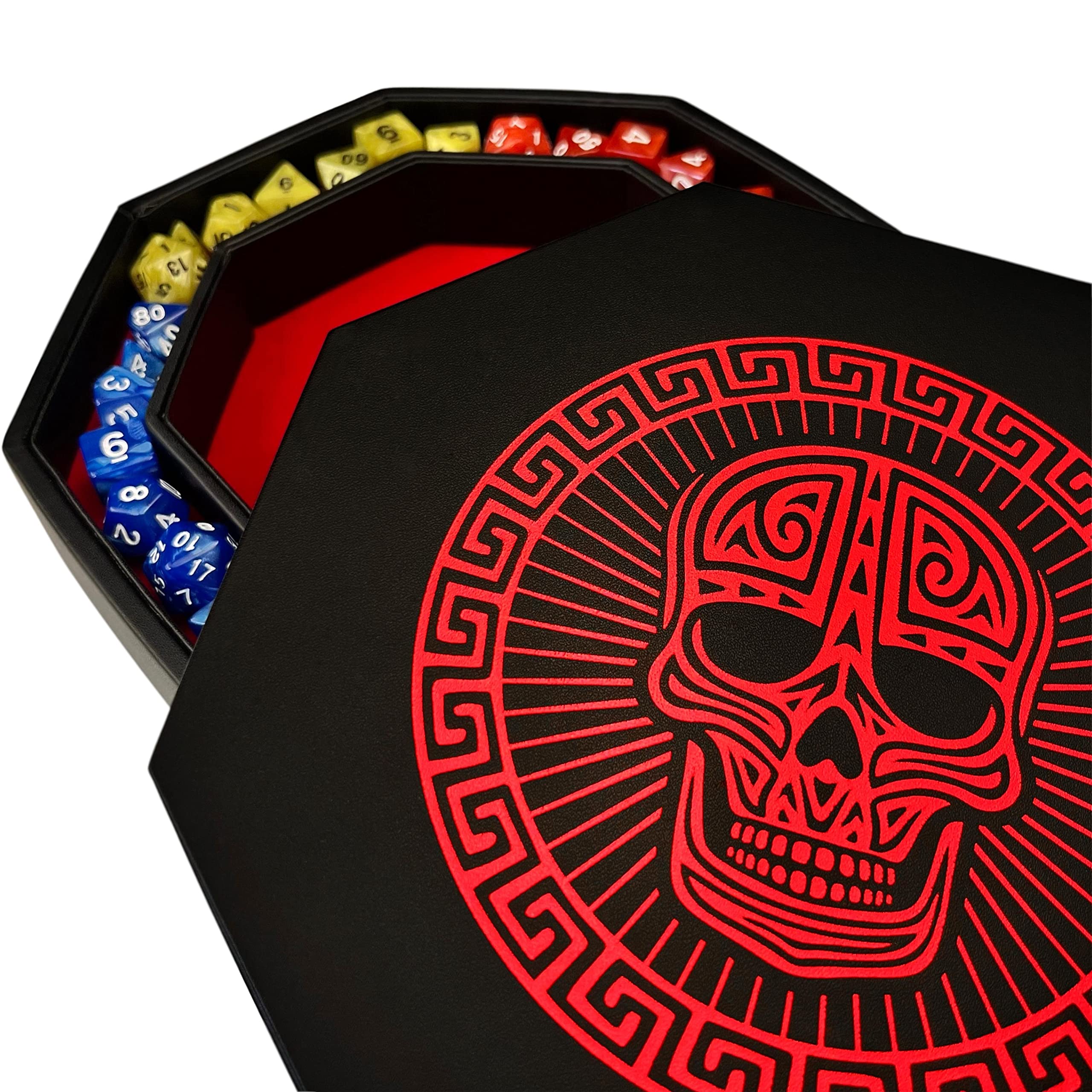 Luck Lab 8 Inch Dice Tray with Lid and Dice Staging Area for Table Top Gaming - Red Tribal Skull Design