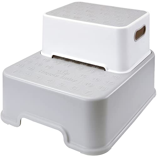 Two Step Stool for Kids, Double up Toddler Step Stool for Potty Training, Anti-Slip Sturdy Child Step Stool for Toilet, Bathroom, Sink, Kitchen, Grey