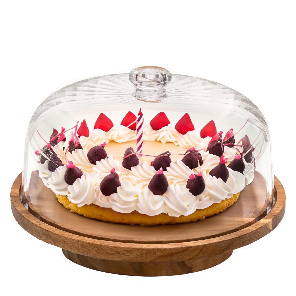 Cutesun Wood Cake Stand with Lid, 11.8'' Rotating Cake Stand with Dome, Shaterproof 10.4'' Acrylic Cake Display Cover, Cake Holder Tray for Wedding Gift,Kitchen,Birthday,Parties,Baking Gifts