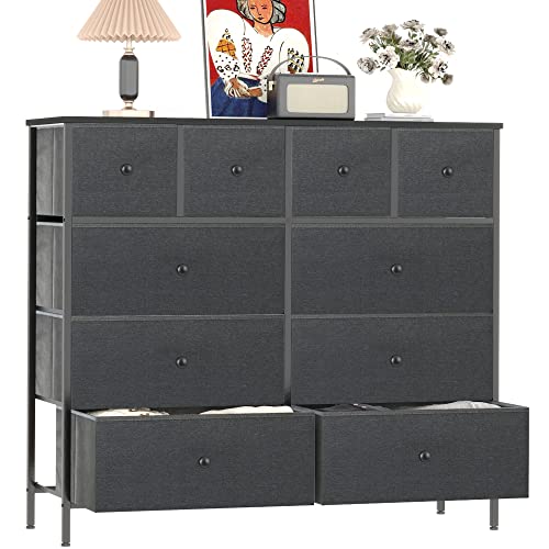 SENSWEET 10 Dresser for Bedroom, Big Fabric Dressers & Chests of Drawers for Living Room, Hallway/Nursery/Clothes Dresser with Steel Frame & Wood Top （Dark Grey