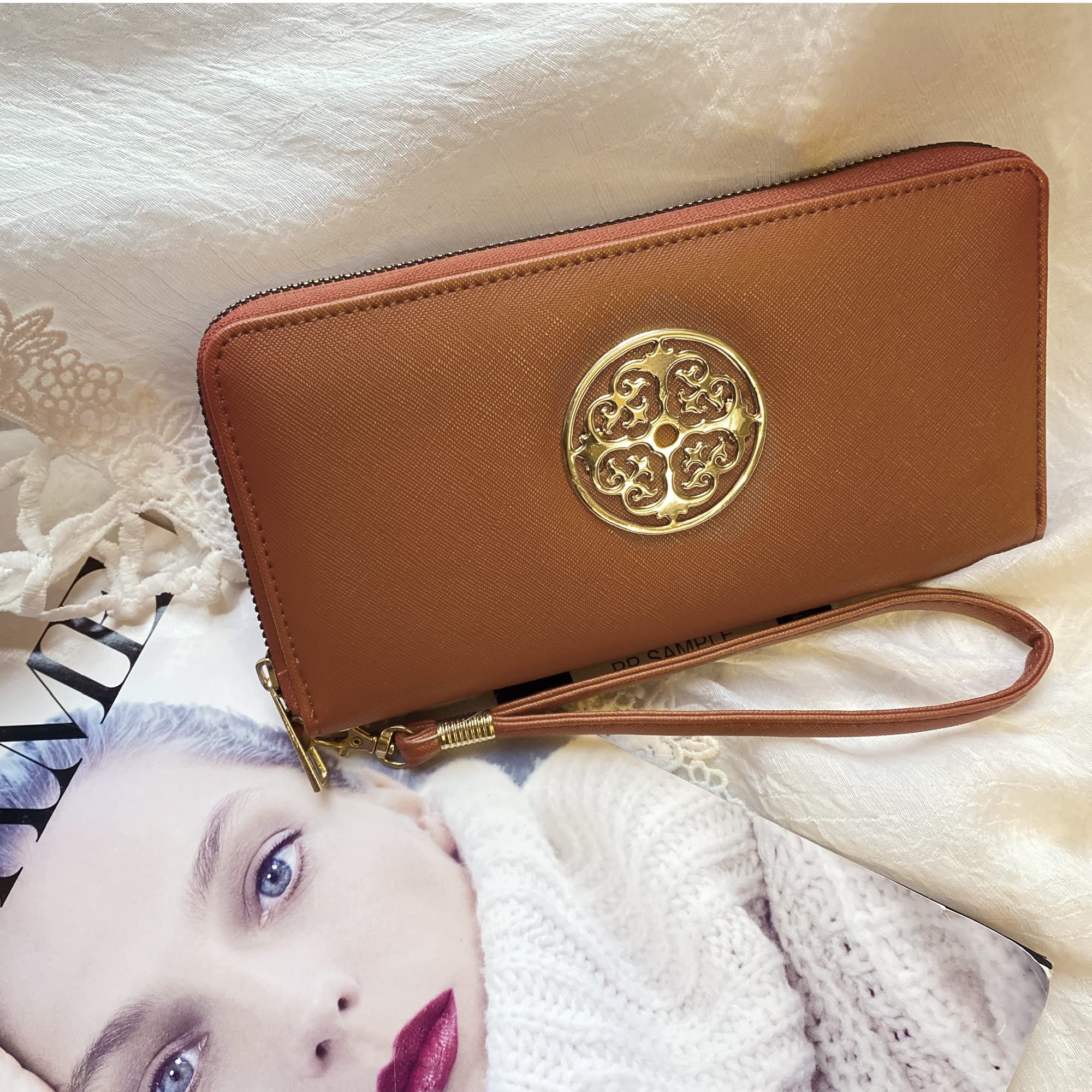 Rebecca & Rifka Women's Large Saffiano Vegan Leather Medallion Zip Around Multi Holder Organizer Wristlet Large Capacity Travel Clutch Wallet (Cognac)