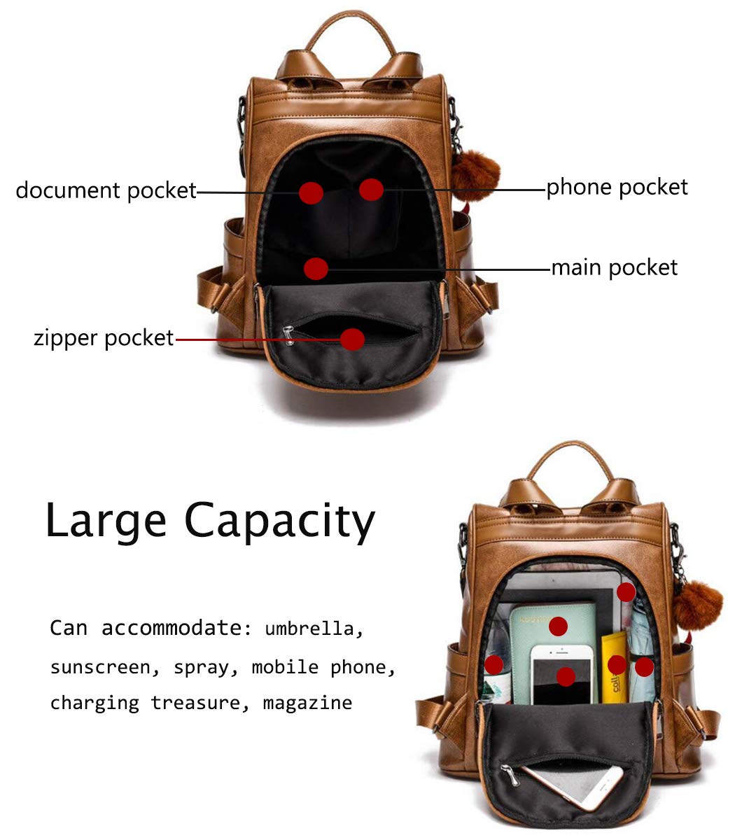 NAITOKE Women Backpack Purse PU Leather Anti-theft Lightweight Ladies Travel Backpack,6766-Brown