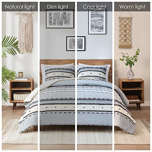 Hyde Lane Boho Blue King Comforter Set ,Modern Farmhouse Tufted Bedding Sets, Cotton Top with Neutral Rustic Style Clipped Jacquard Stripes, 3-Pieces Including Matching Pillow Shams (104x90 Inches)