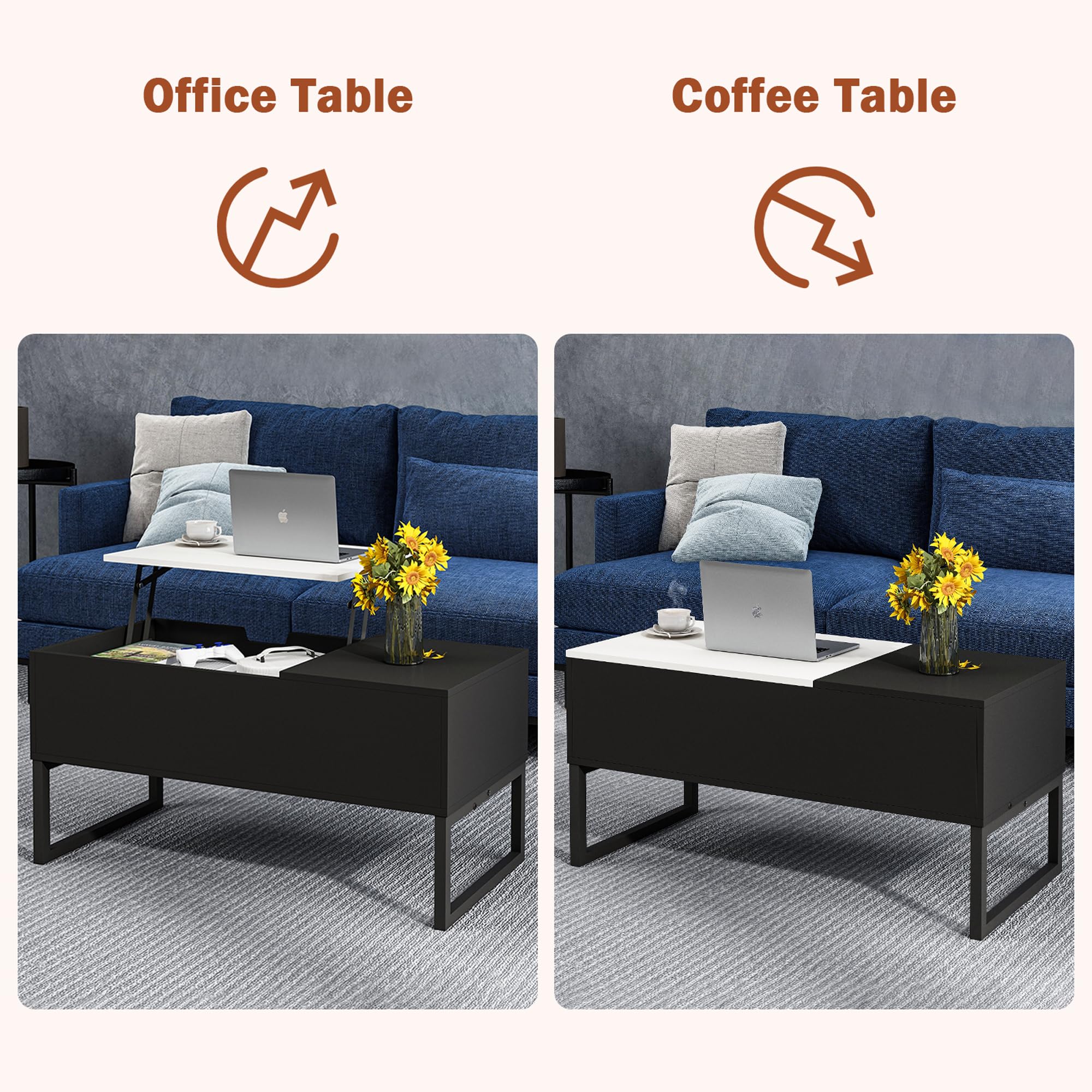 Koifuxii Lift Top Coffee Table - White Coffee Table with Lifting Top and Hide Compartment Storage - Lifted Coffee Table Rectangle - Wood Coffee Tables for Living Room