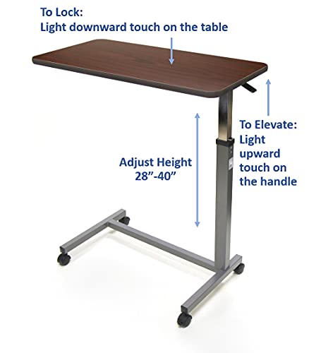 Invacare Hospital Style Overbed Table with Auto-Touch Adjustable Height and Wheels, Fits Over Beds and Bedside, 6417 Brown .75"H x 15"W x 30"L,Base: 15.5"W x 26"L,28" - 40"