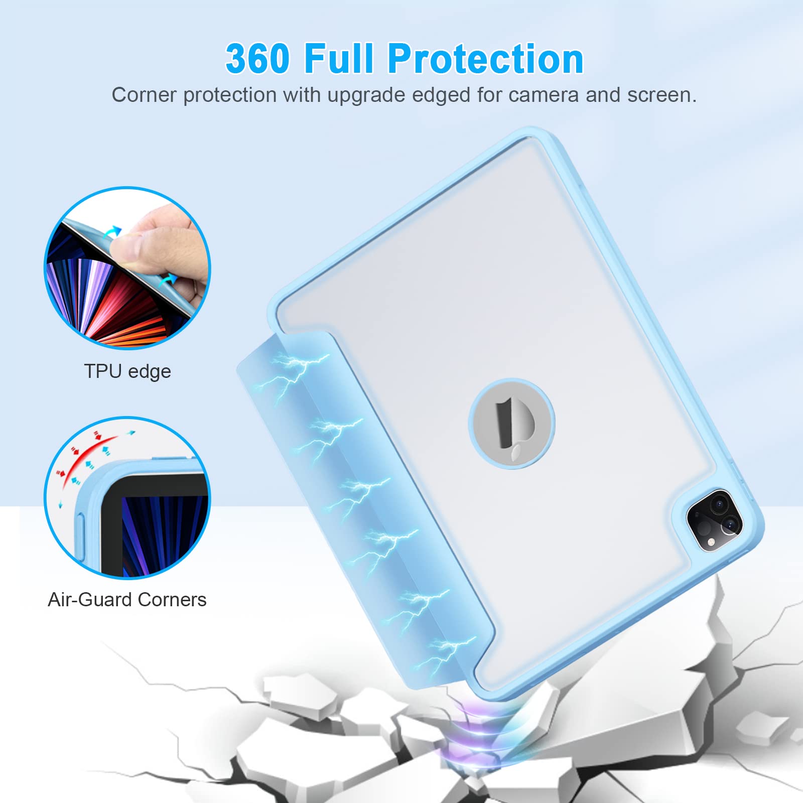 Case for iPad Pro 12.9 2022/2021/2020/2018 Gen 6th/5th/4th/3rd,2 in 1 Detachable Magnetic Case,Anti-fingerprint Frosted Case and Washable Leather Protective Cover Support Pen Charger(Blue)