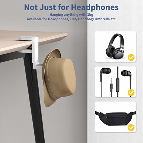 KIWIFOTOS Headphone Stand Holder Under Desk, PC Gaming Headset Hook Hanger Mount with 360 Adjustable Rotating Arm Clamp & Built in Cable Clip - White