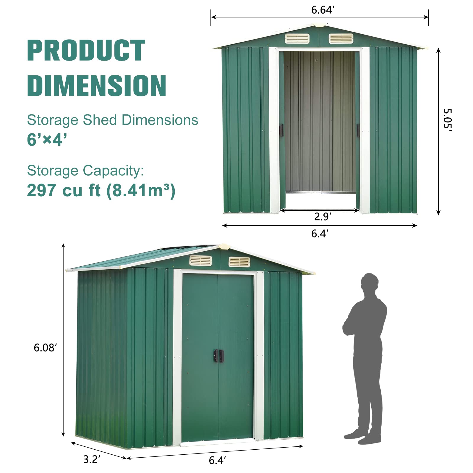 Steel Garden Storage Shed 6' x 4' - Utility Tool House with Vents Garden Storage House Metal Shed for Patio (Green)
