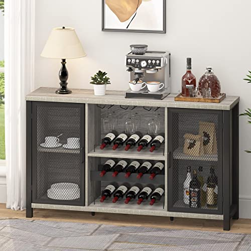 IBF Rustic Liquor Bar Cabinet, Industrial Coffee Wine Cabinet for Liquor and Glasses, Farmhouse Bar for Home Kitchen Living Dining, Sideboard Buffet Cabinet with Bar Rack Storage, Light Gray Oak 55 In