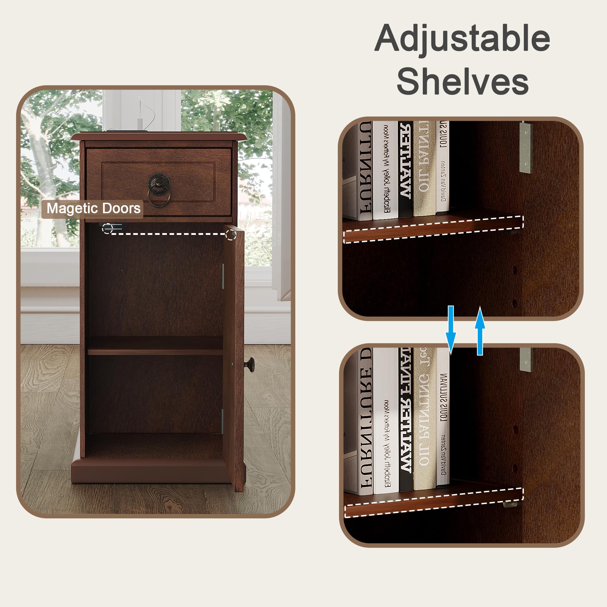 ChooChoo Farmhouse XXL End Table with Charging Station,Narrow Sofa Side Table with Adjustale Shelf, 3 Tier Rustic Night Stand for Small Place Living Room, Cherry Brown
