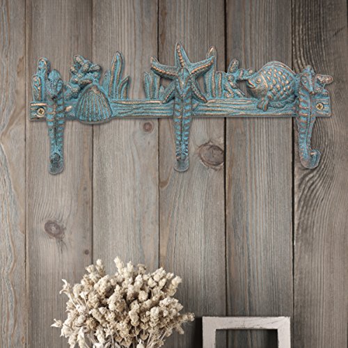 Stonebriar Decorative Cast Iron Seahorse Wall Hook Row, 11.2β, Turquoise