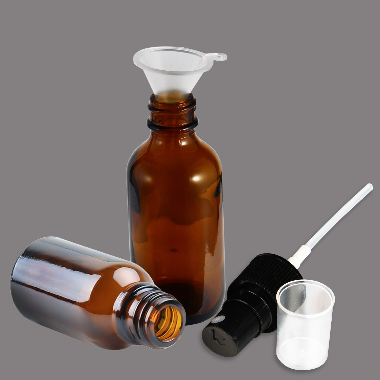 Ruckae Set of 20,1 oz Amber Glass Spray Bottles for Essential Oils, Hair, Water, Empty Small Fine Mist and Refillable Mister-With Funnel and Gold Pen,Black Fine Mist Sprayers