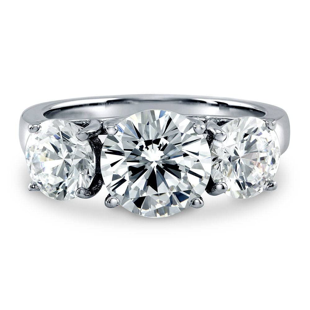 BERRICLE Sterling Silver 3-Stone Wedding Engagement Rings Round Cubic Zirconia CZ Ring for Women, Rhodium Plated Size 6.5
