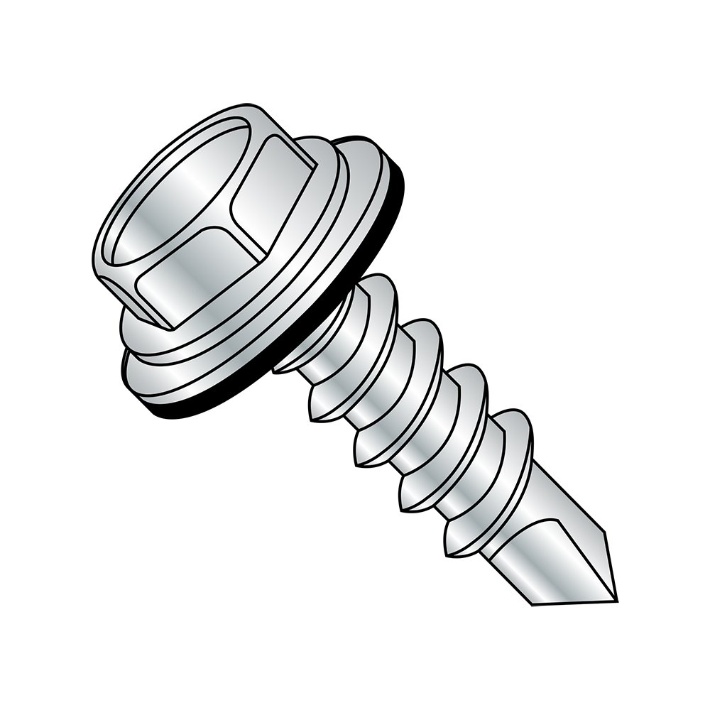 Small Parts 1480KWN Steel Self-Drilling Screw, Zinc Plated Finish, Sealing Hex Washer Head With EPDM Washer, Hex Drive, #3 Drill Point, 1/4"-14 Thread Size, 5" Length (Pack of 10)