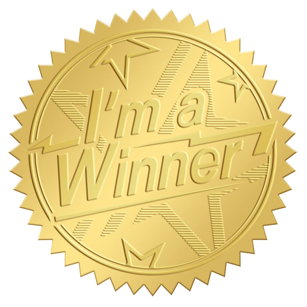 CRASPIRE 2 Inch Gold Embossed Envelope Seals Stickers I’M A Winner 100pcs Adhesive Embossed Foil Seals Stickers Label for Wedding Invitations Gift Packaging