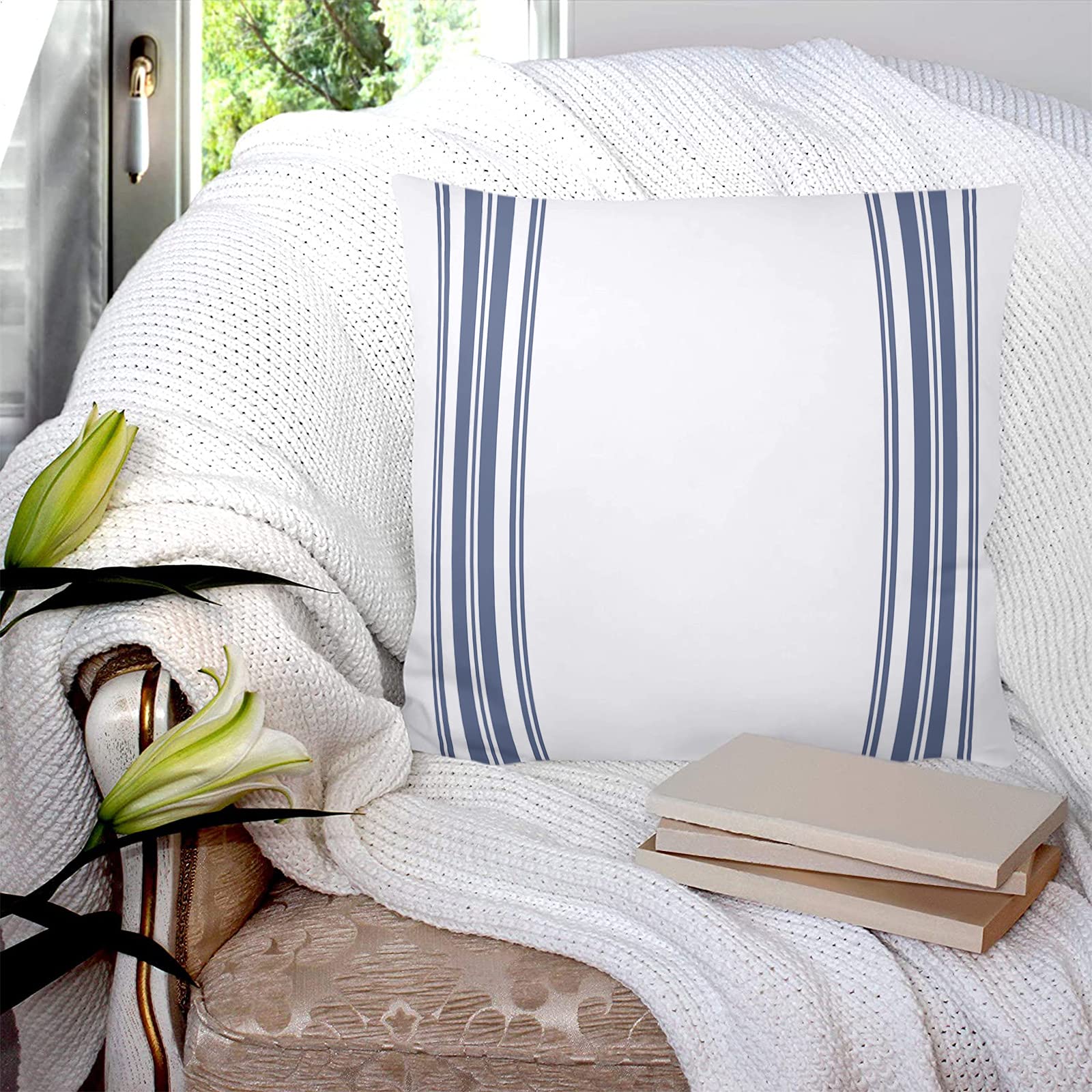 Roses Garden Decorative Throw Pillow Cover Blue and White Stripe Pillow Case Square Cushion Cover Super Soft Brushed Fabric Pillowcase for Home Couch Sofa Bed, 16" x 16"