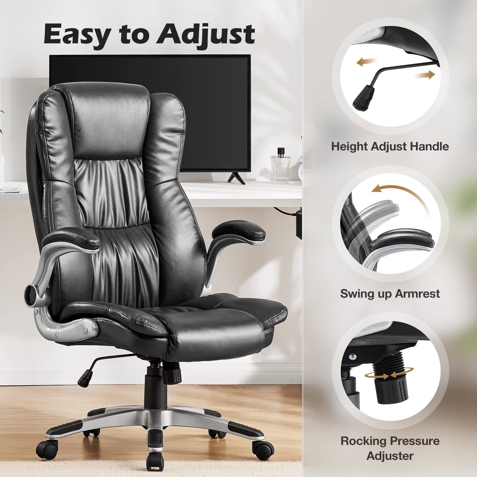 Big and Tall Office Chair Ergonomic Desk Chair with Arms Adjustable Height High Back Lumbar Support Computer Chair Comfortable Leather Black Executive Chair