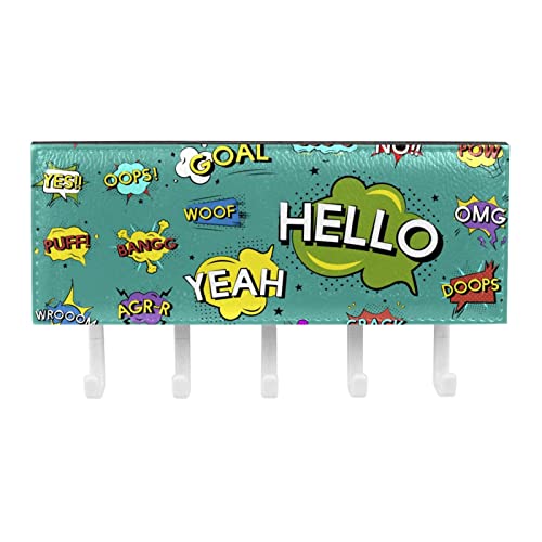 Collection of Explosion Comic Mail Holder Organizer and Key Hooks PU Front, Self Adhesive Key Rack with 5 Hooks Perfect for Entryway, Hallway,Bathroom ,Kitchen