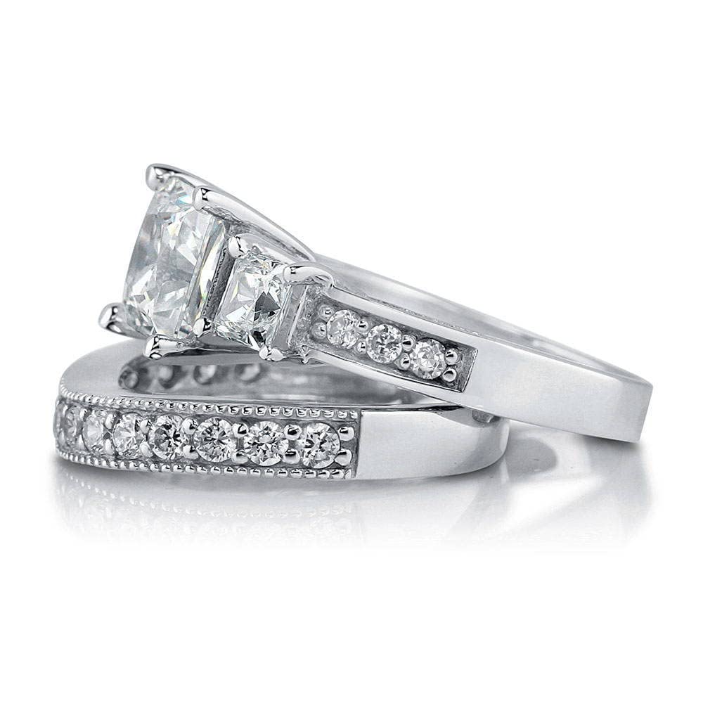 BERRICLE Sterling Silver 3-Stone Wedding Engagement Rings Princess Cut Cubic Zirconia CZ Ring Set for Women, Rhodium Plated Size 10