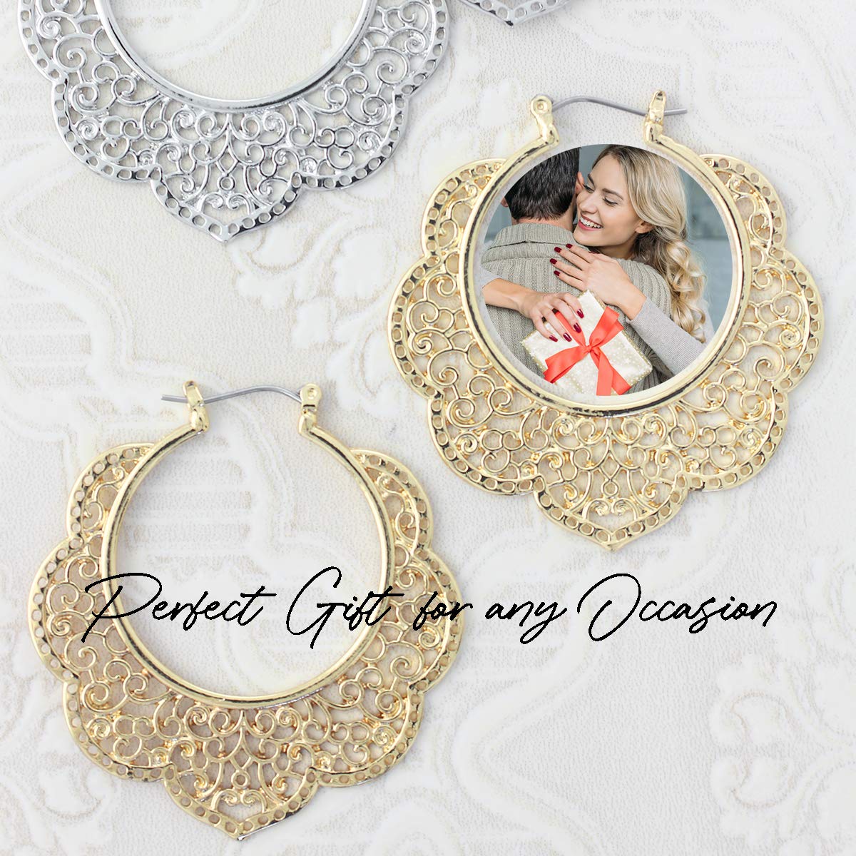 Bohemian Boho Filigree Hoop Earrings for Women – Intricate & Delicate Cutout Design Details – Tribal Floral Gypsy Lightweight Geometric Metallic Statement Earrings (Outer Floral - Gold)