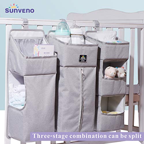 SUNVENO 3-in-1 Detachable Changing Table Diaper Organizer, Crib Hanging Diaper Organizer for Baby Essentials Storage, Grey