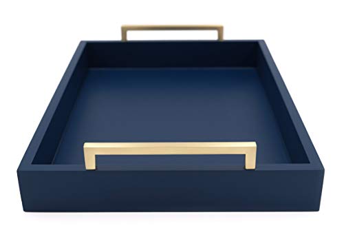 Montecito Home Decorative Coffee Table Tray - Ottoman Tray - Breakfast, Drinks, Liquor Serving Platter - from Farmhouse to Modern - Matte Finish - Champagne Gold Handles - Twilight Blue