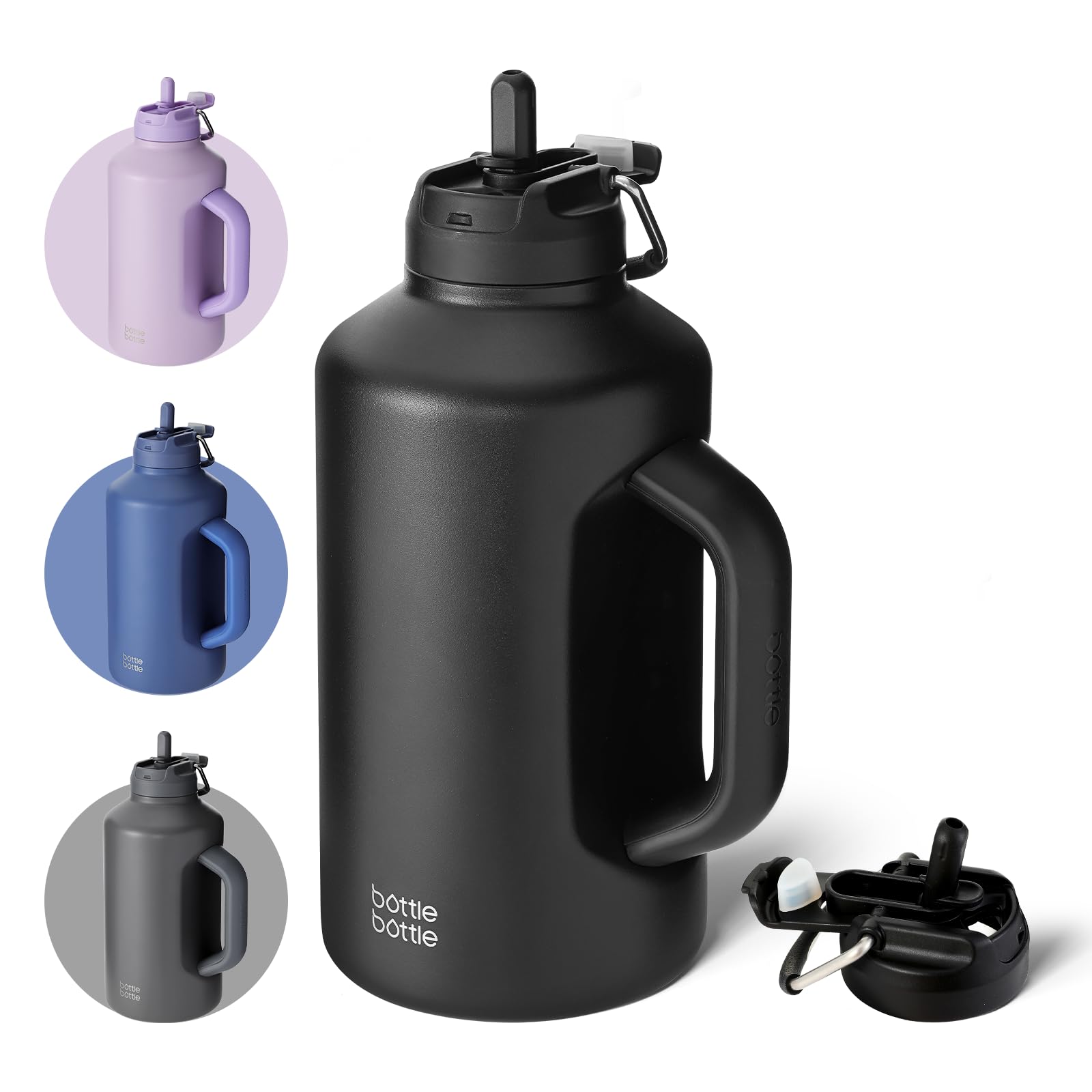 BOTTLE BOTTLE Insulated Water Bottle 64 oz with Straw and Dual-use Lid Sport Stainless Steel Half Gallon Water Bottle for Men with Handle Vacuum Stainless Steel for Workout and Sports(black)