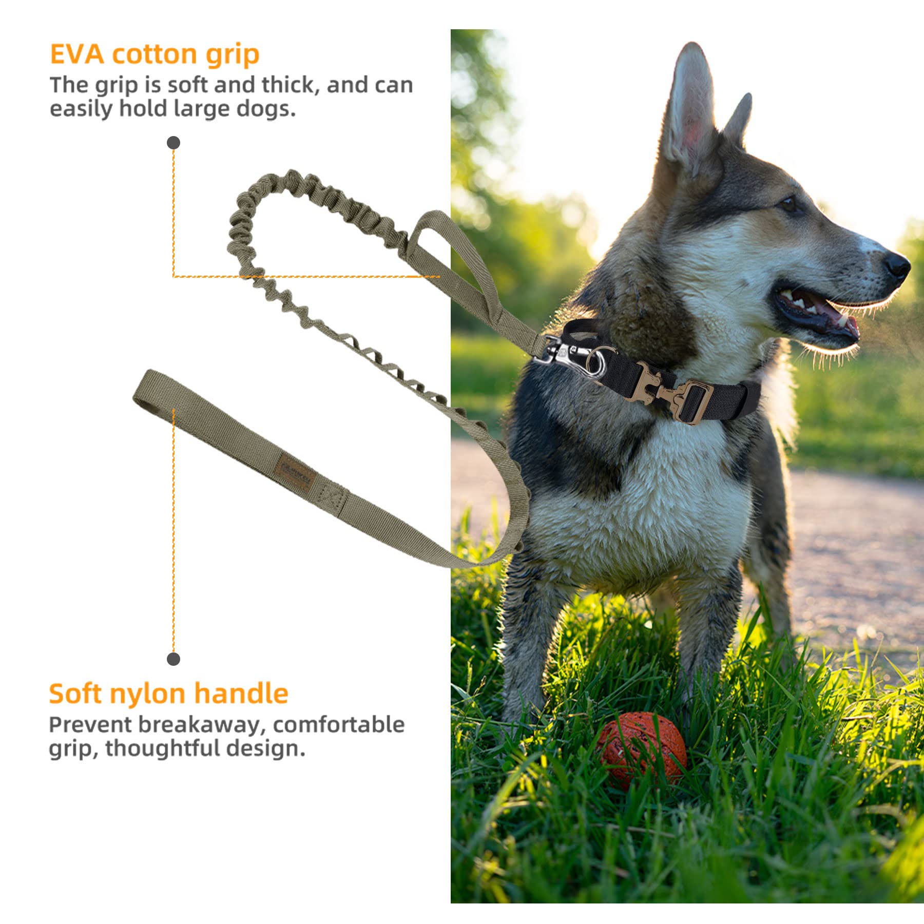 Excellent Elite Spanker Tactical Bungee Dog Leash Military Adjustable Dog Leash Quick Release Elastic Leads Rope with 2 Control Handle(Ranger Green)