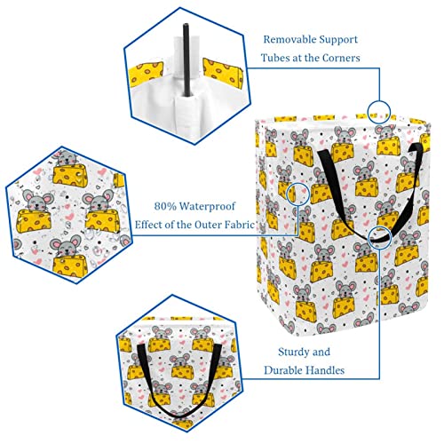 Laundry Baskets with Handles Foldable Doodle Mouse and Cheese Print Storage Hamper for Adult Kids Teen Bedrooms Bathroom Dirty Clothes Sorter