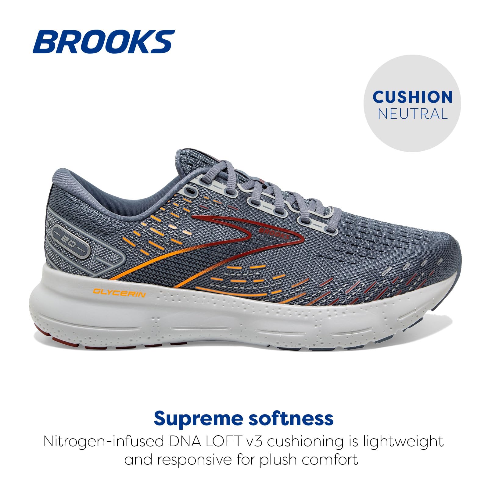 Brooks Men's Glycerin 20 Neutral Running Shoe - Grey/Chili Oil/Orange - 8.5 Medium