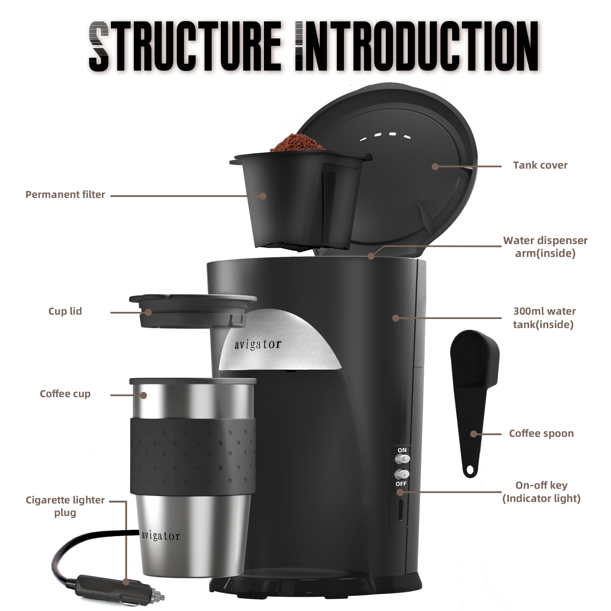 avigator Portable Coffee Maker, 12V Car Coffee Maker, Travel Coffee Machine Fits Car Cigarette Lighter Plug, Auto Shut Off, Ground Coffee Maker for Driving Camping&RV(Silver Black)