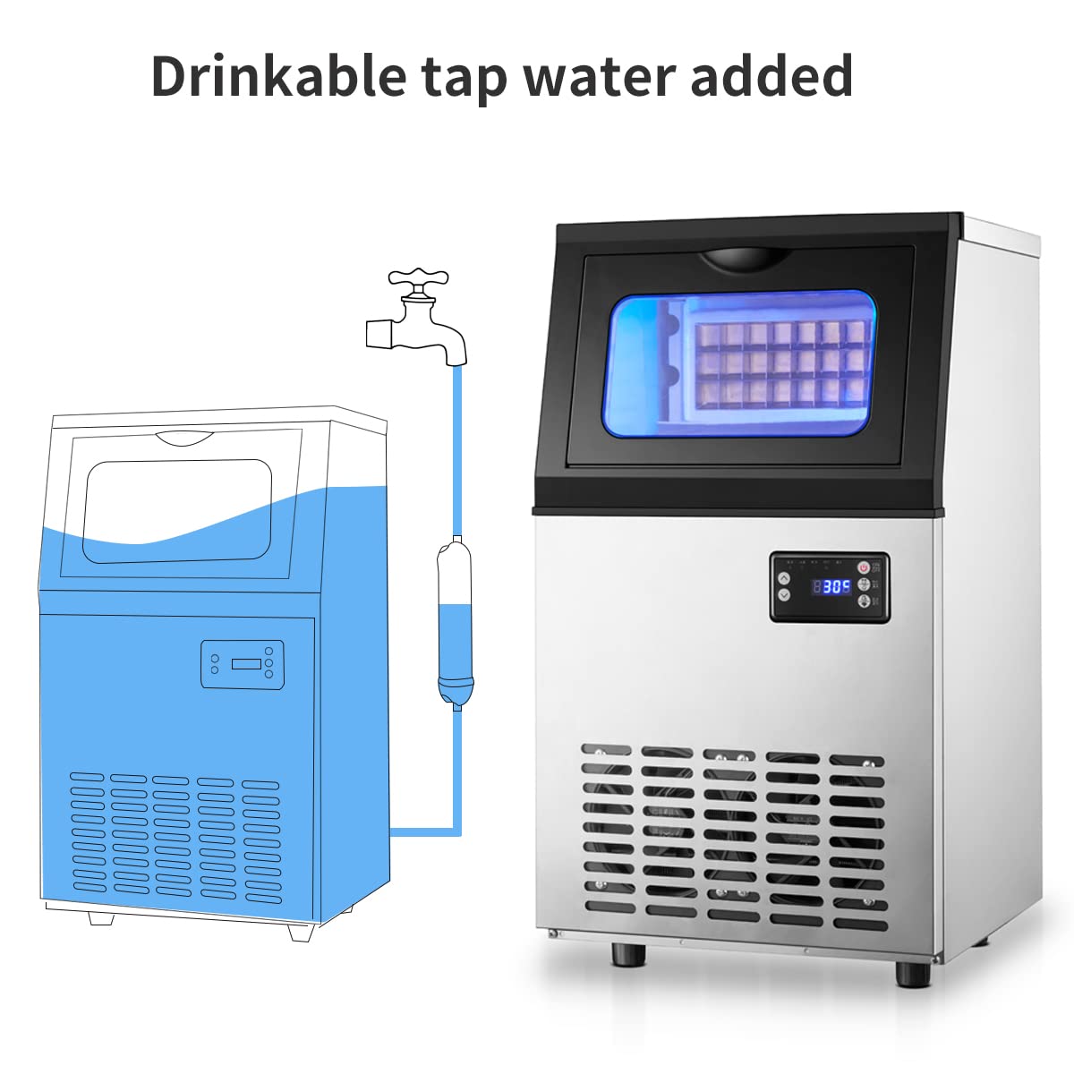 CMICE Commercial Ice Maker Machine, 100lbs/24H Stainless Steel Under Counter ice Machine, Full Heavy Duty Stainless Steel Construction, Include Water Filter, Scoop, Connection Hose