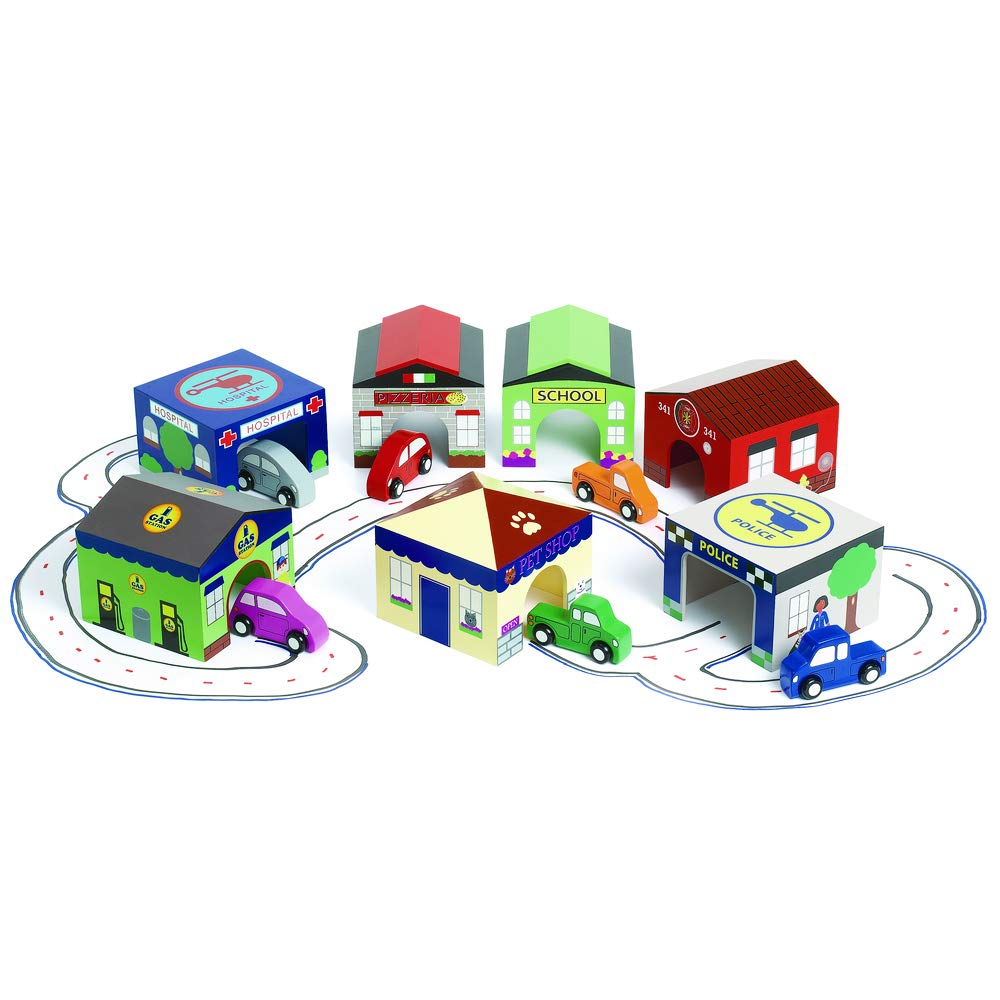 Excellerations 5.5 inches H, Wooden Town Block Play Structures, Houses, Set of 7, Preschool Educational Toy, Ages 3 Years and Up