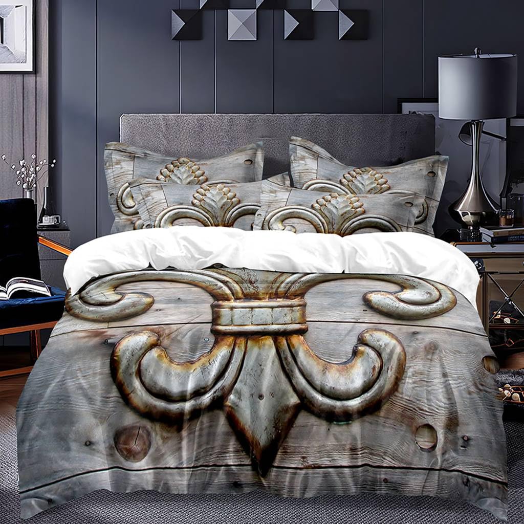 Flowers Fleur De Lis Duvet Cover Set Queen Include 1 Duvet Cover 2 Pillowcases Vintage Flower Iron Tin Antique Ornate Rustic Sign Wooden Comforter Cover Microfiber Soft Bedding Sets