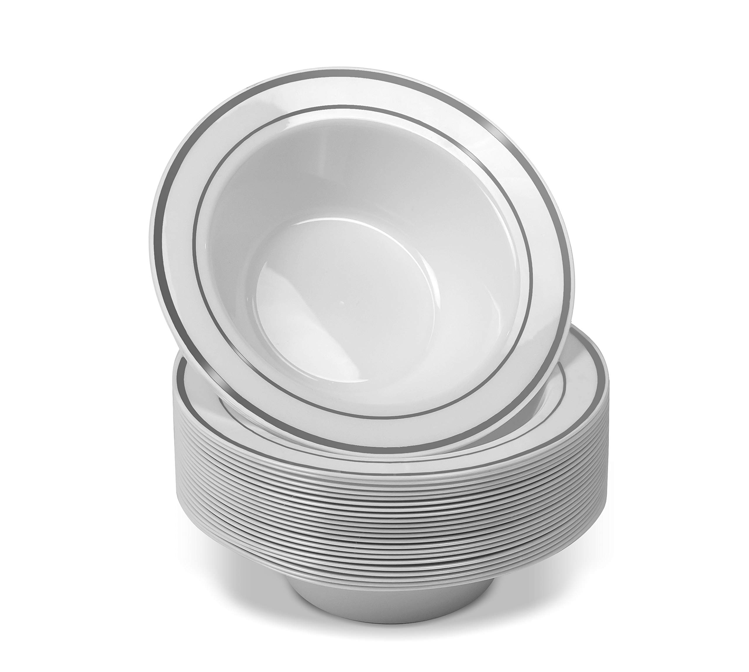BloominGoods 50 Disposable White Silver Trim Plastic Dessert Bowls | SMALL 6 oz. Premium Heavy Duty Disposable Dinnerware with Real China Design | Safe & Reusable and Great for Parties (50-Pack)
