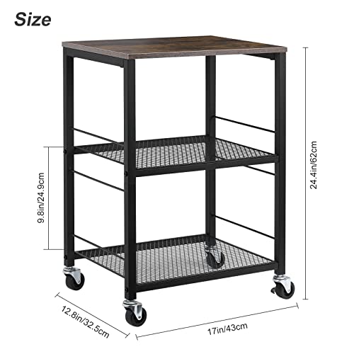 MOOACE Rustic 3 Tier End Table with Wheel,Side Table Nightstand Storage Shelf for Bedroom,Kitchen,Living Room and Office, Stable Metal Frame,Wood Top, Easy Assembly - Brown&Black