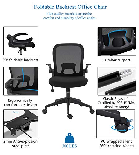 IPKIG Foldable Office Chair - Home Office Desk Chairs with Flip-Up Arms and Foldable Backrest, Mesh Computer Chair Foldable Executive Office Chair (Black)