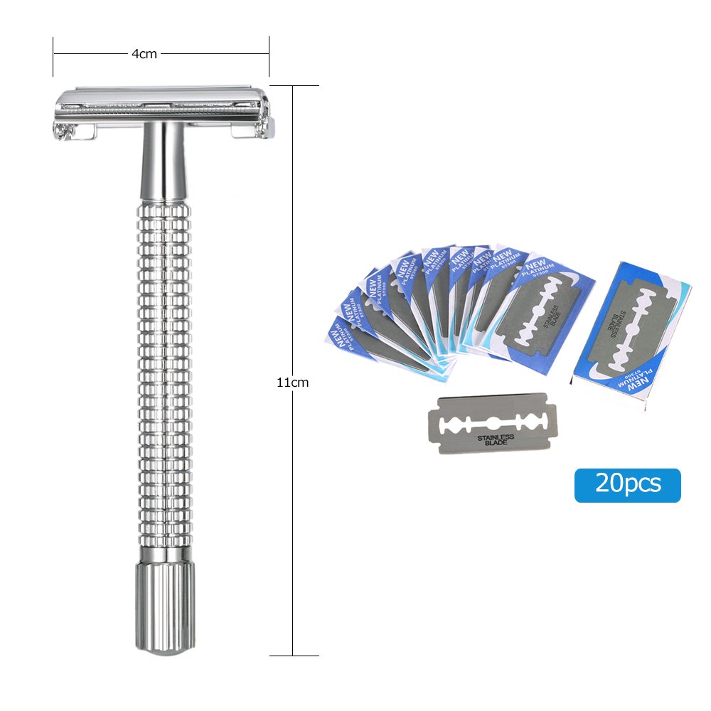 Safety Razor Metal Double-edged Shaving Razor Manual Mustache Removal Traditional Shaving Tool with 20Pcs Razor Blades for Hotel Home Travel (Silver)