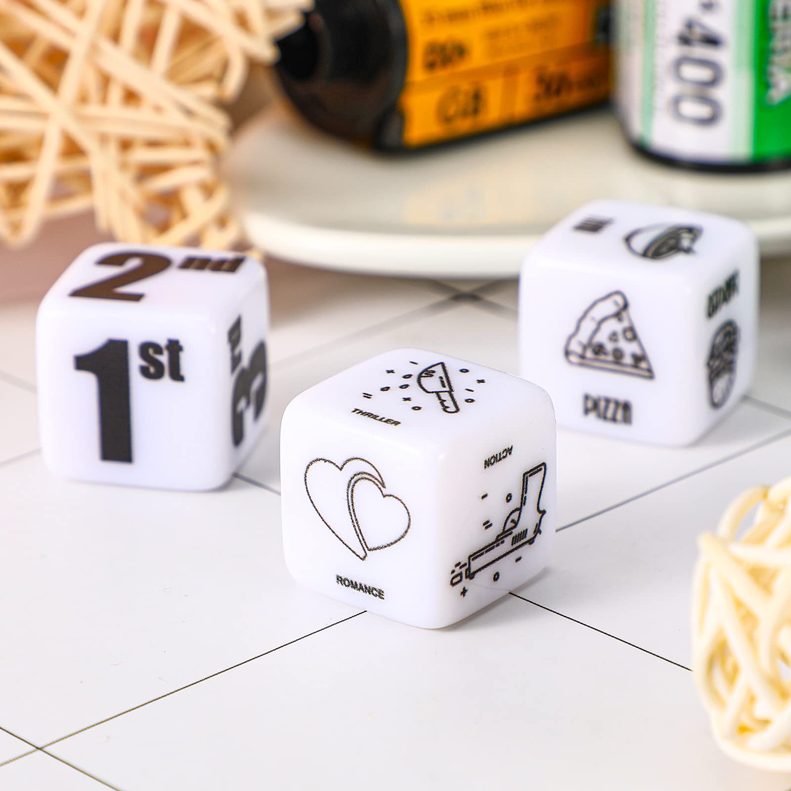 Landhoow 3 Pcs Dinner and a Movie Decider Dice Valentines Day Gifts for Him Her Decision Dice with a Black Velvet Storage Bag for Couples Games Wedding Honeymoon Anniversary Present, 0.8 Inch