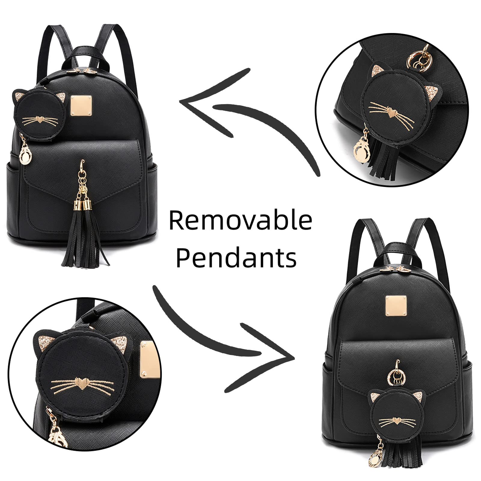 BESYIGA Women Cat Small Backpack 3PCS Leather Backpack Purse for Women Travel Satchel Little Backpack for Women Mini Backpack Purple