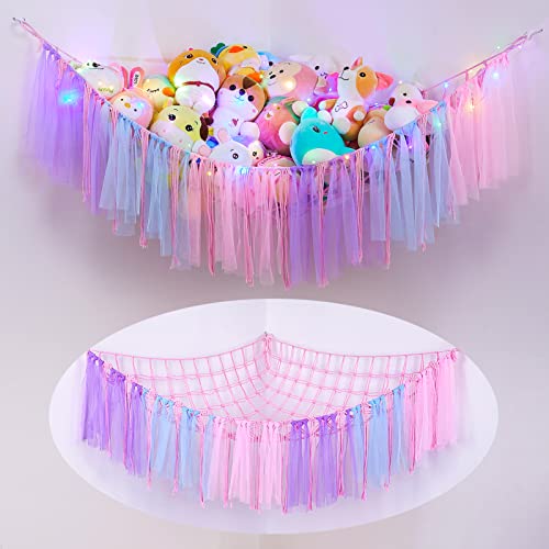 Unicorn Castle Stuffed Animals Hammock Net Kids Toy Storage With Led Light Stuffed Animals Holder Coner Hanging Toy Organizer For Nursery Kids Cute Room Decor