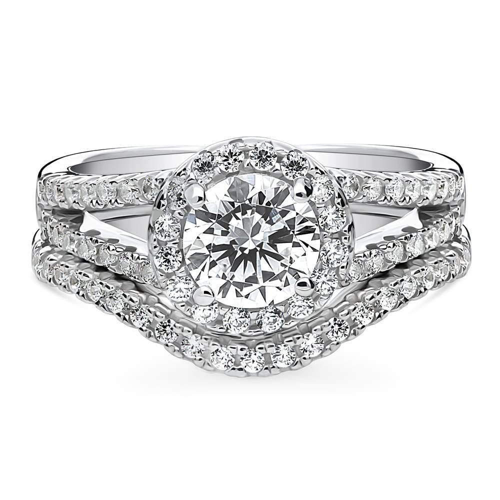 BERRICLE Sterling Silver Halo Wedding Engagement Rings Round Cubic Zirconia CZ Split Shank Ring Set for Women, Rhodium Plated Size 8