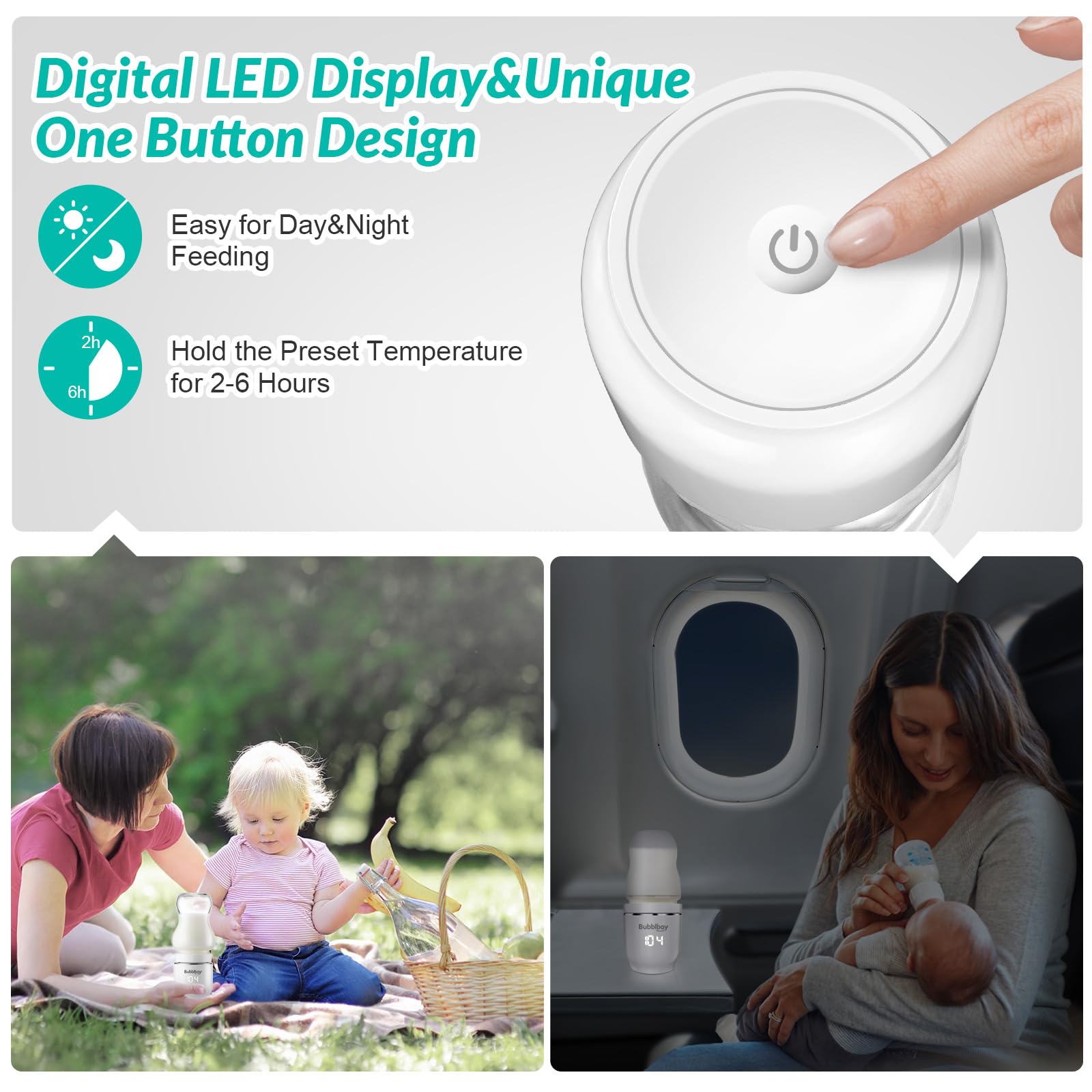 Bubblbay Portable Bottle Warmer,104° Digital Thermostat Baby Bottle Warmer with Upgraded 5 Adapters Leak-Proof Design,Wireless LED Display Travel Bottle Warmer for Breastmilk or Formula