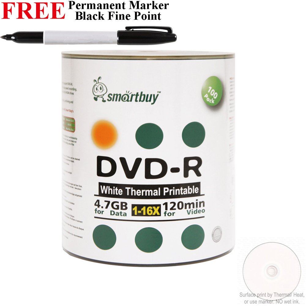 Smartbuy 100-disc 4.7GB/120min 16x DVD-R White Thermal Hub Printable Blank Media Disc + Black Permanent Marker