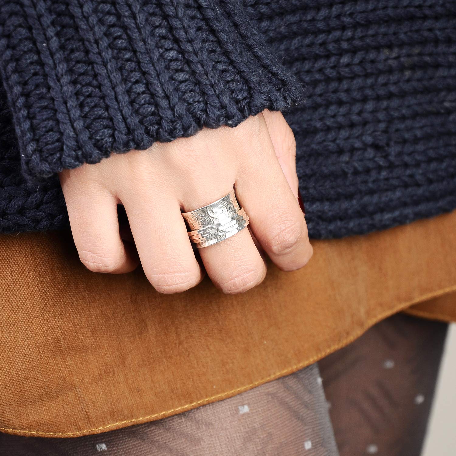 Boho-Magic 925 Sterling Silver Spinner Ring for Women | 3 Spinning Rings Bands | Fidget Meditation Anxiety | Wide Statement Chunky Jewelry Size 7-9 (8)